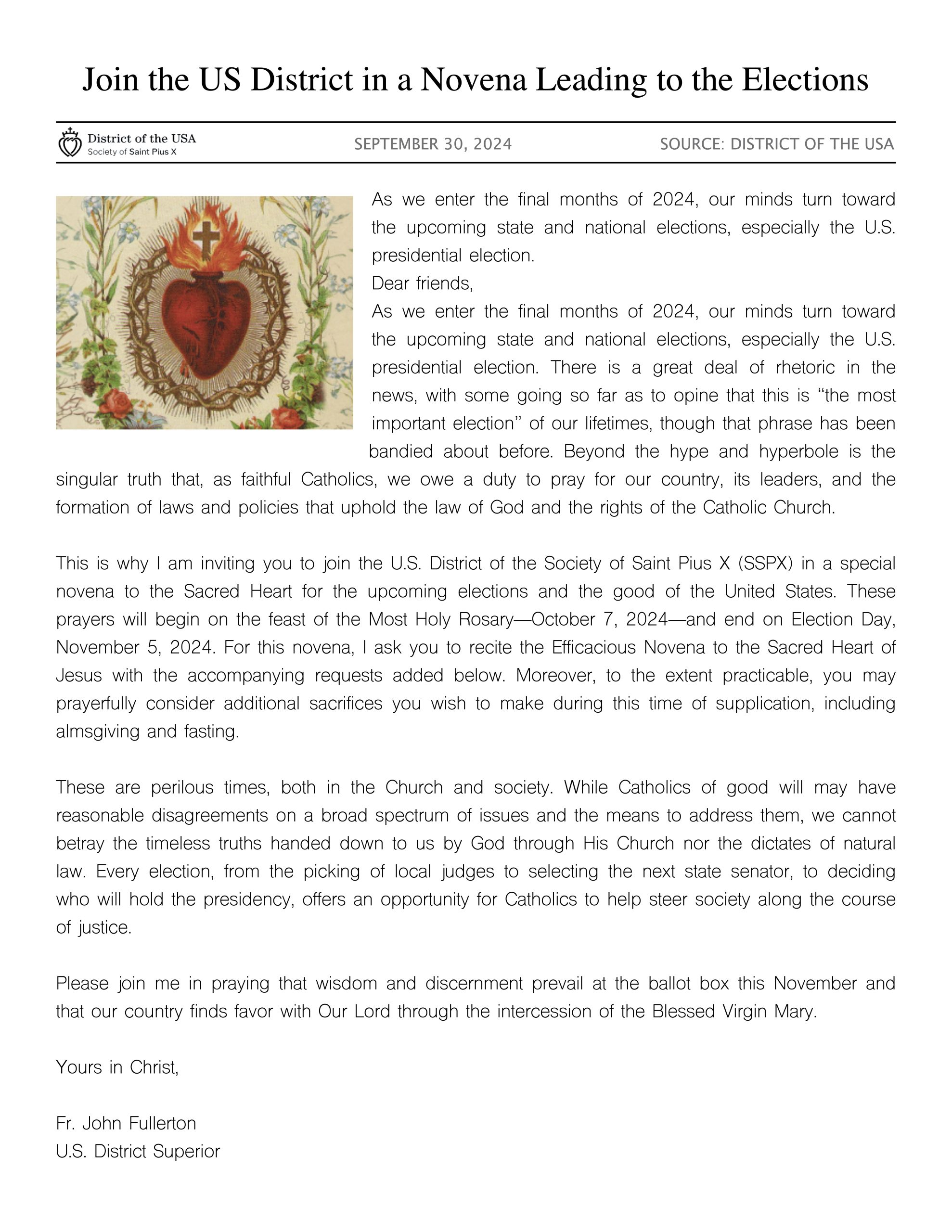 Join the US District in a Novena Leading to the Elections. – St ...