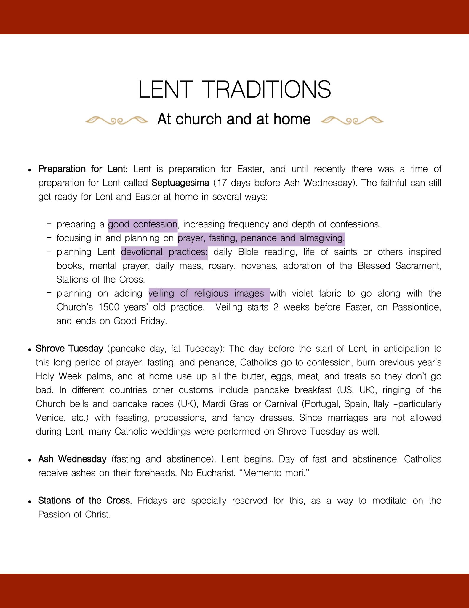 Catholic Lent practices at Church and at Home. – St. Michael Spring