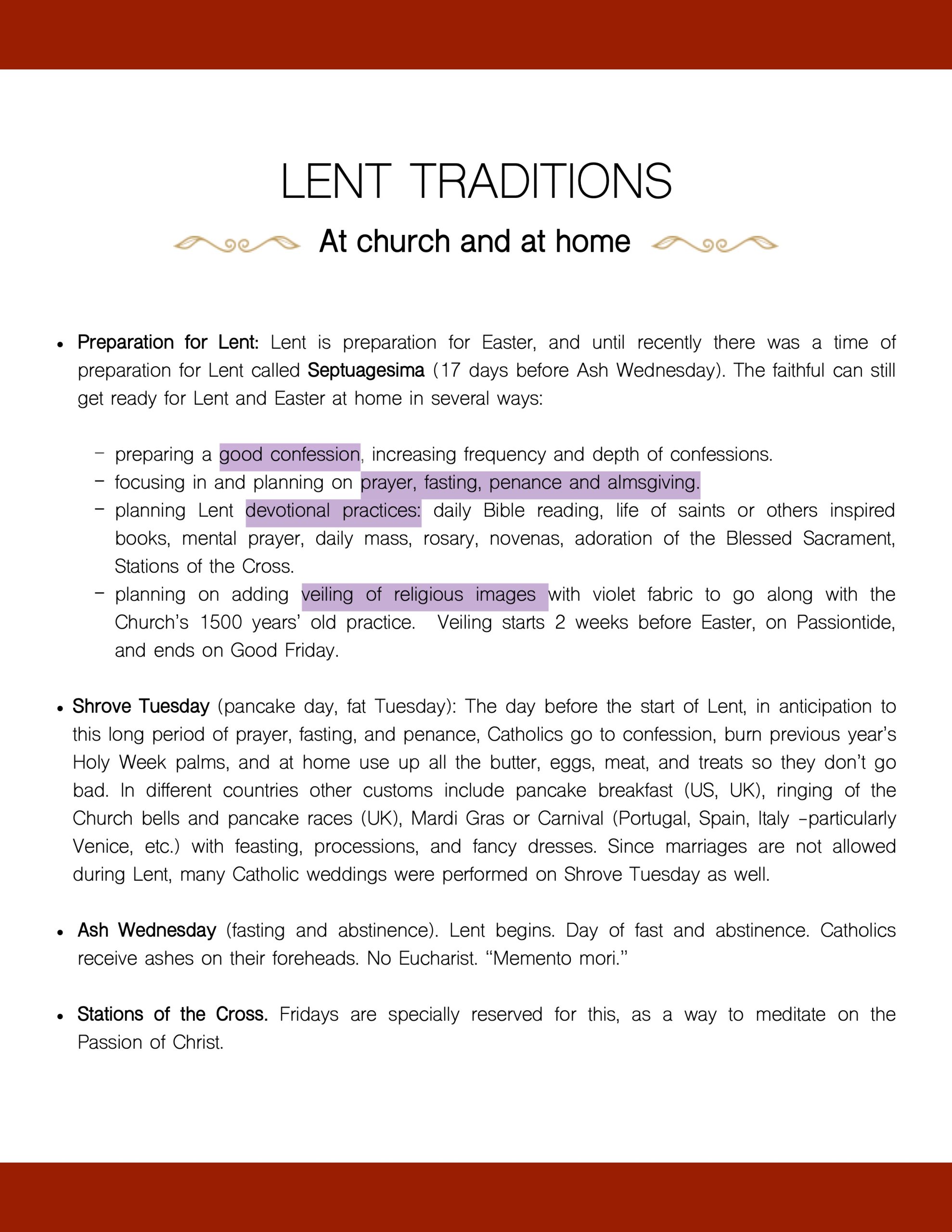 Catholic Lent practices at Church and at Home. – St. Michael Spring
