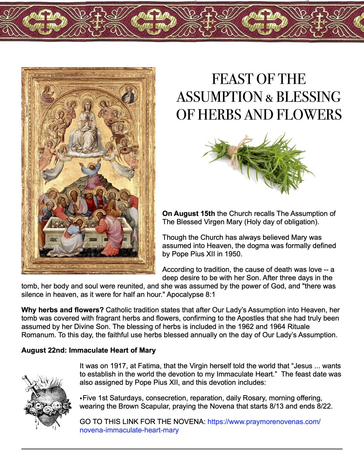 On the Feasts of the Assumption of the BVM and Inmaculate Heart of Mary ...