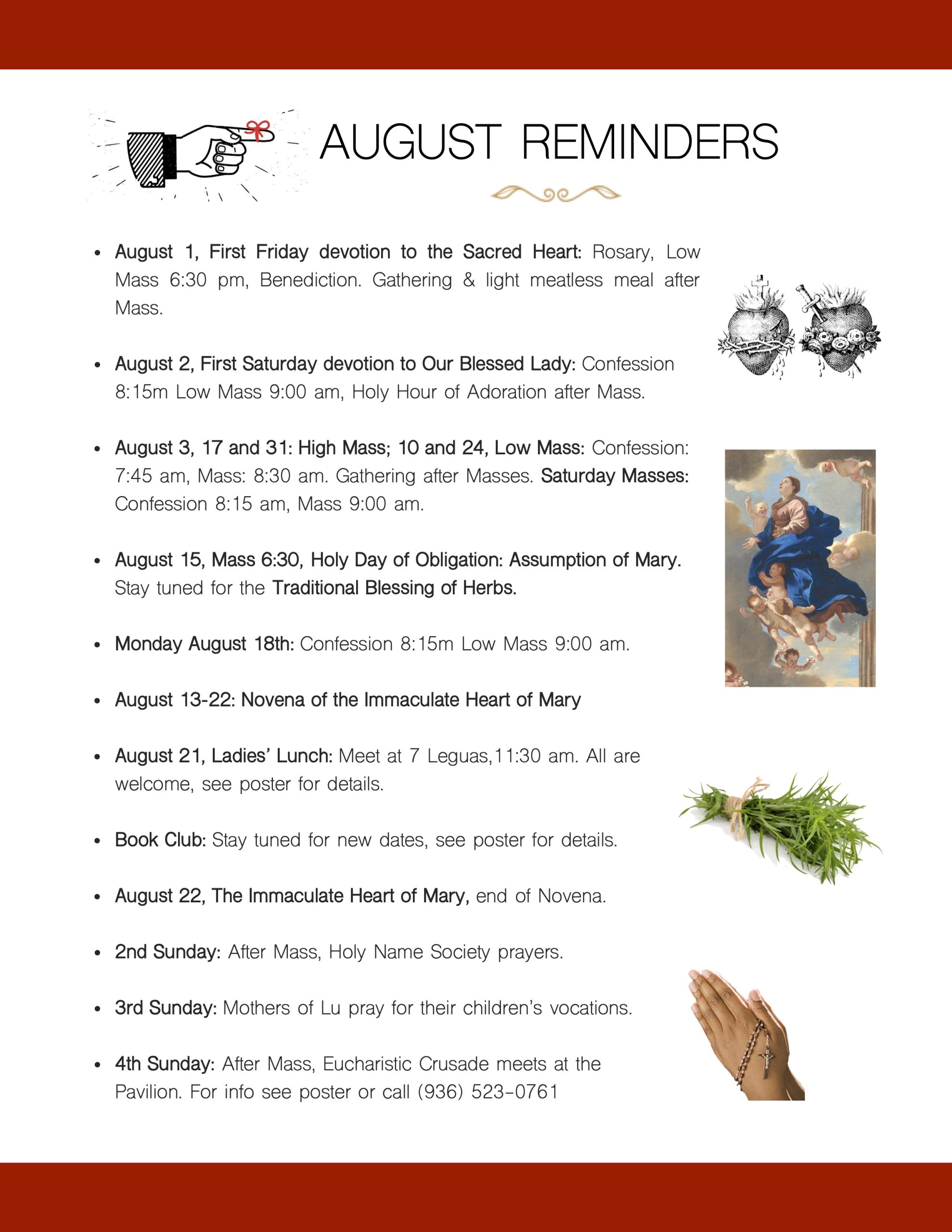 August Reminders. – St. Michael Spring