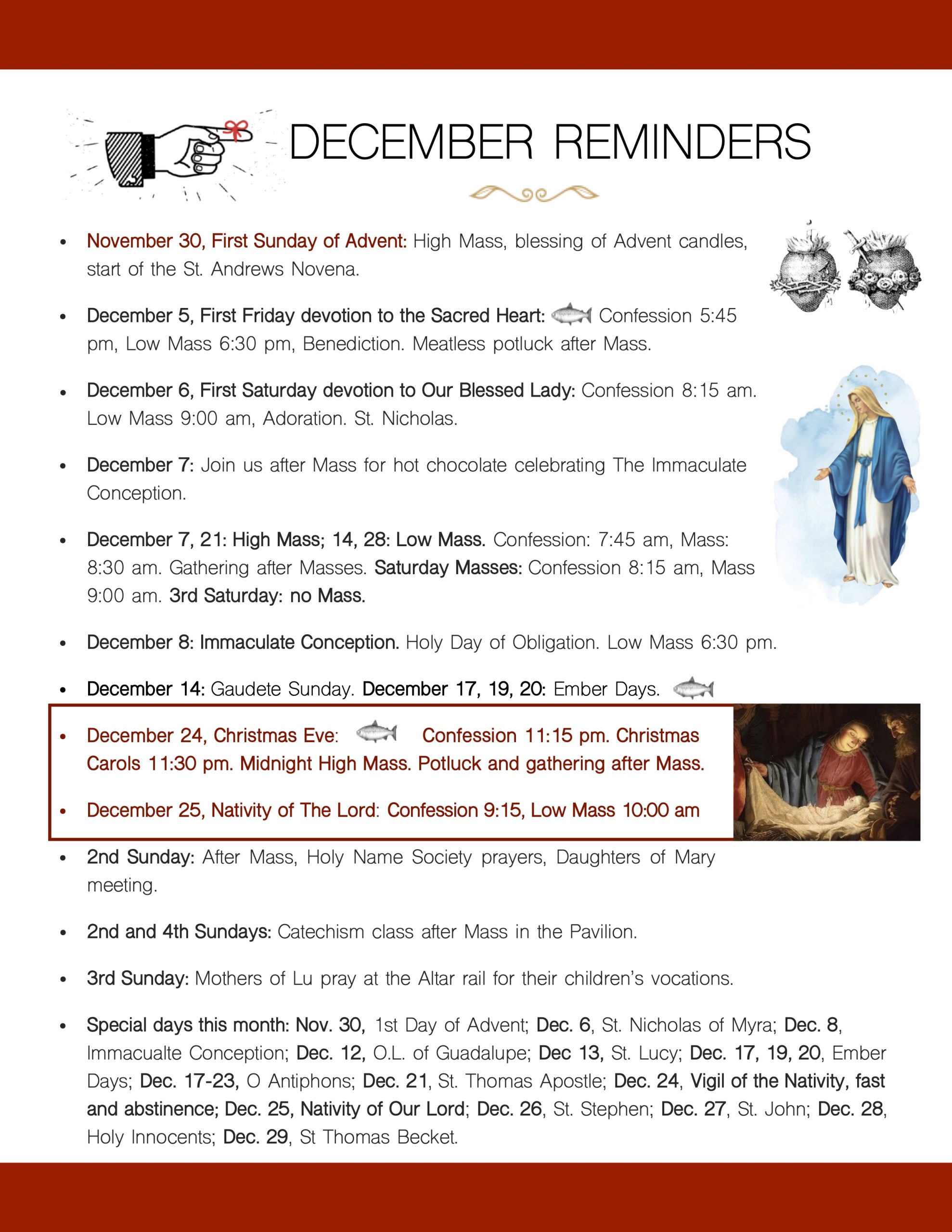 December Reminders – St. Michael Spring